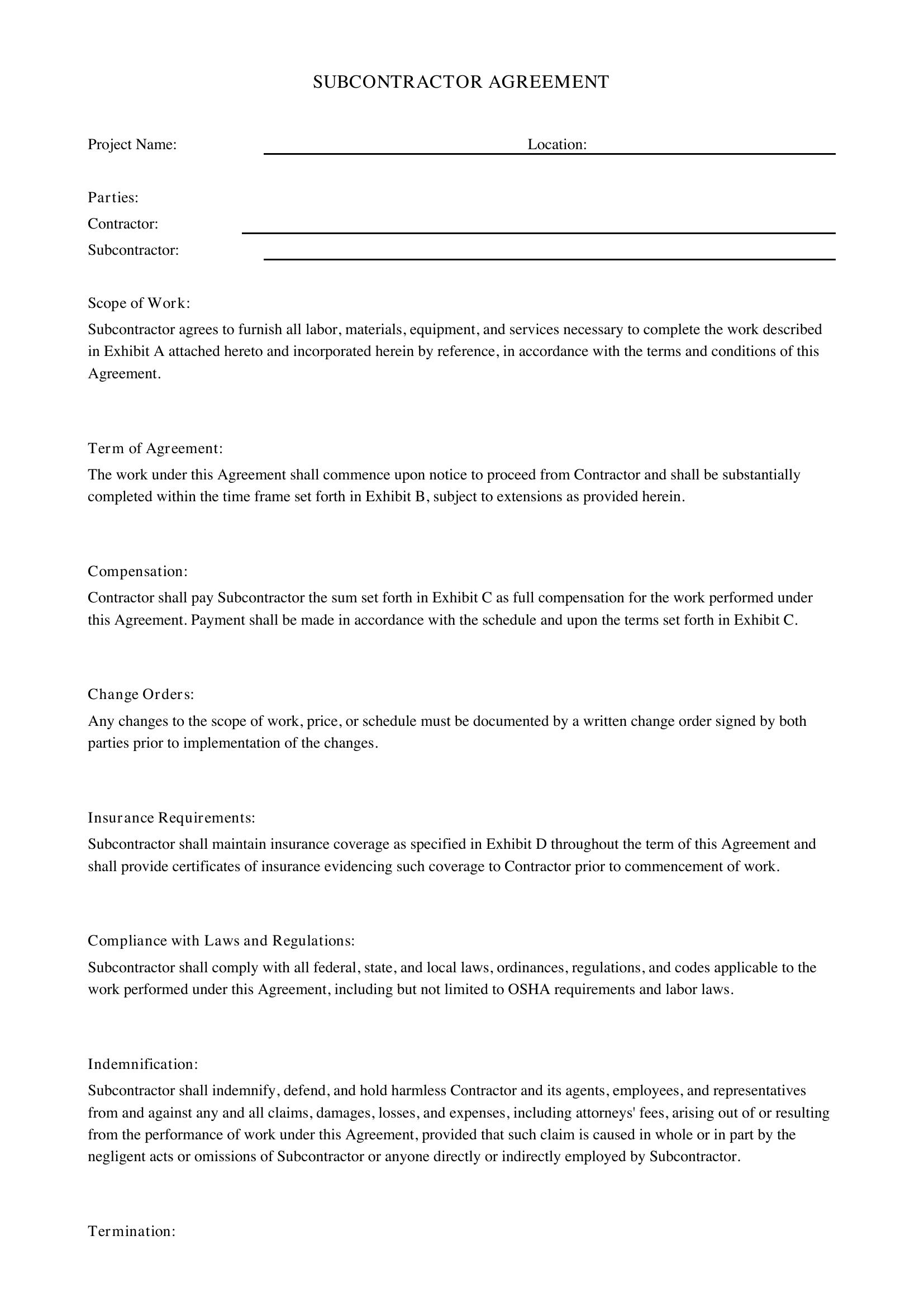 Subcontractor Agreement Template